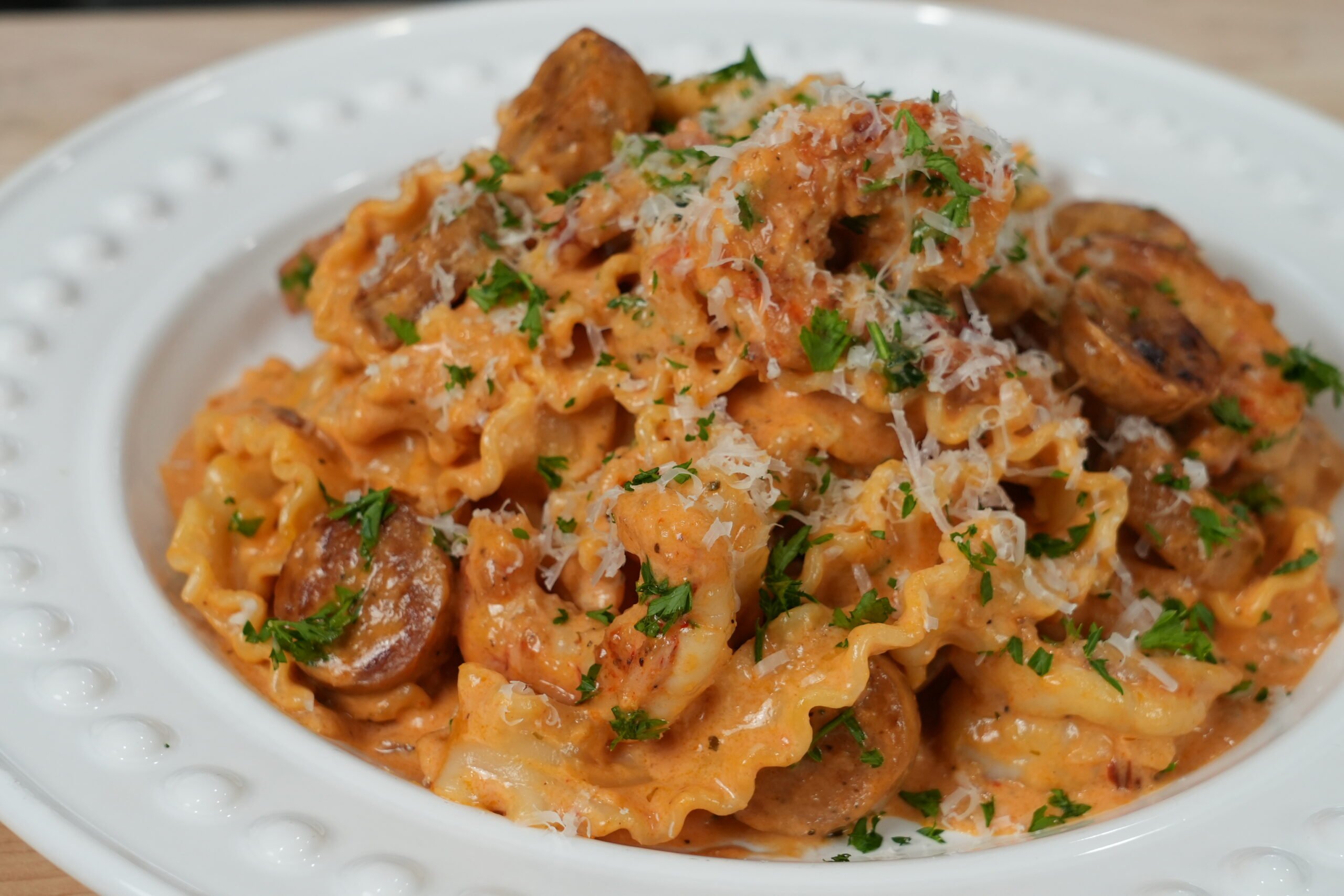 Creamy Mafaldine Pasta W/ Chicken Sausage, & Shrimp - Mr Make It Happen